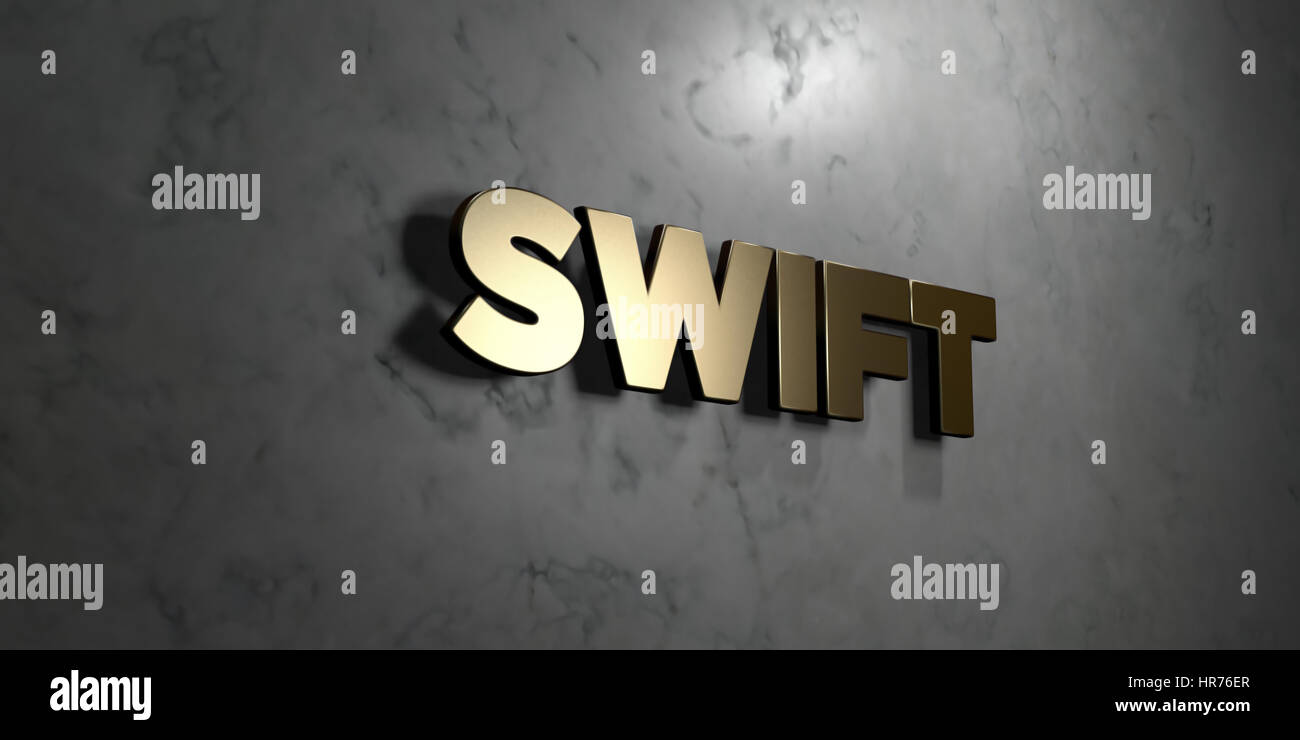 Swift - Gold sign mounted on glossy marble wall - 3D rendered royalty ...