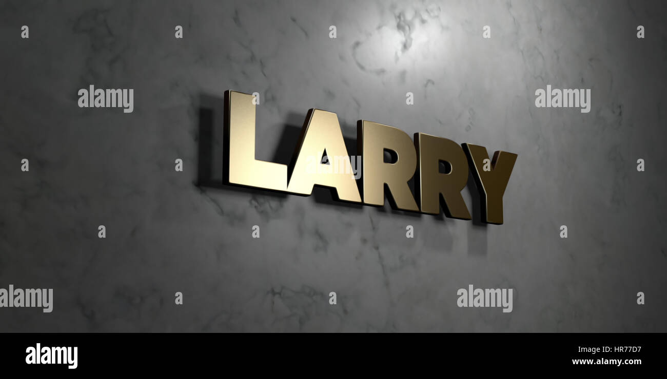Larry - Gold sign mounted on glossy marble wall - 3D rendered royalty ...