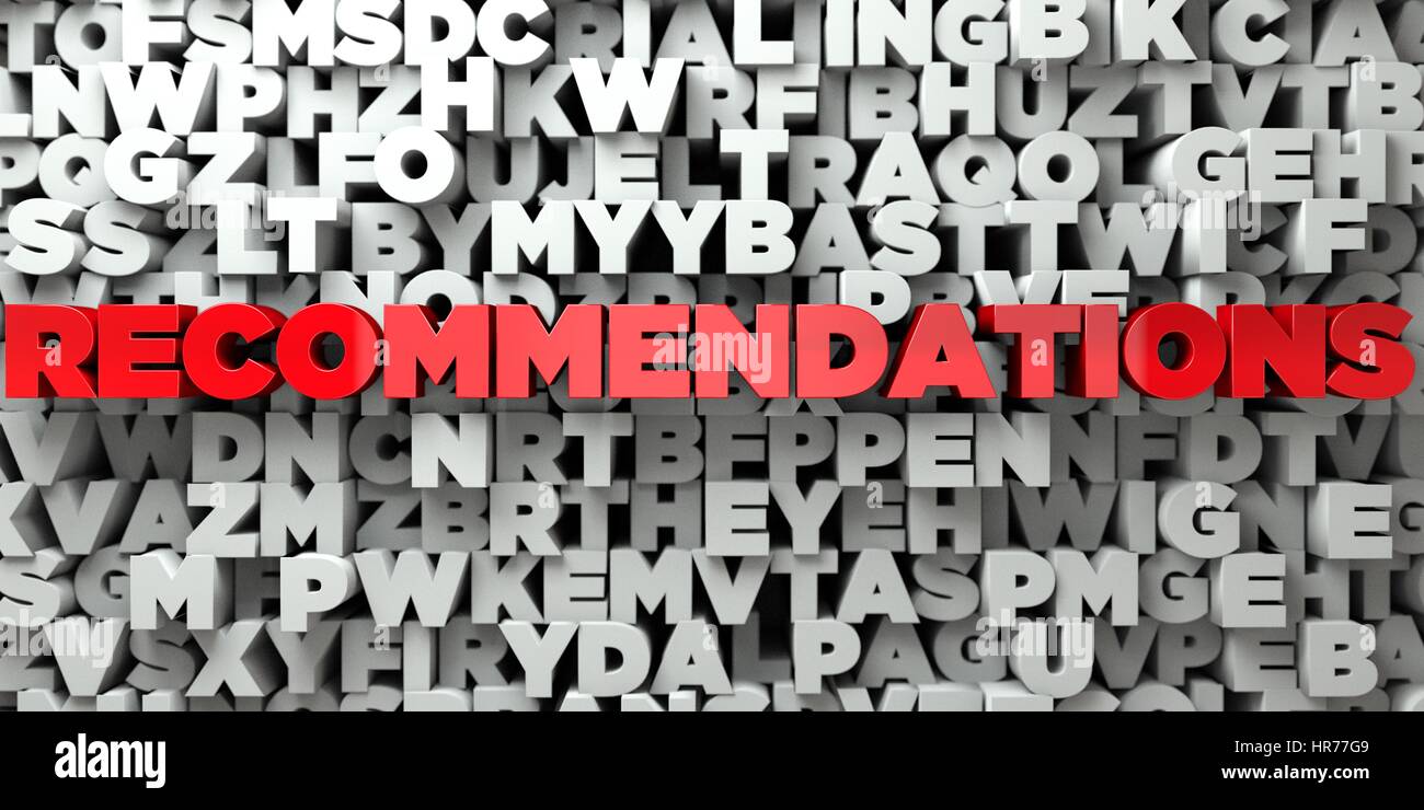 RECOMMENDATIONS - Red text on typography background - 3D rendered ...