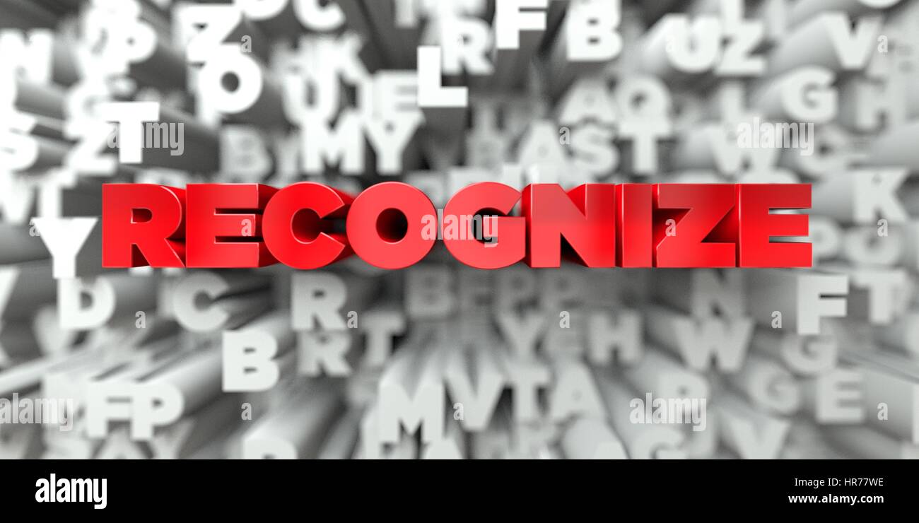 RECOGNIZE - Red text on typography background - 3D rendered royalty ...