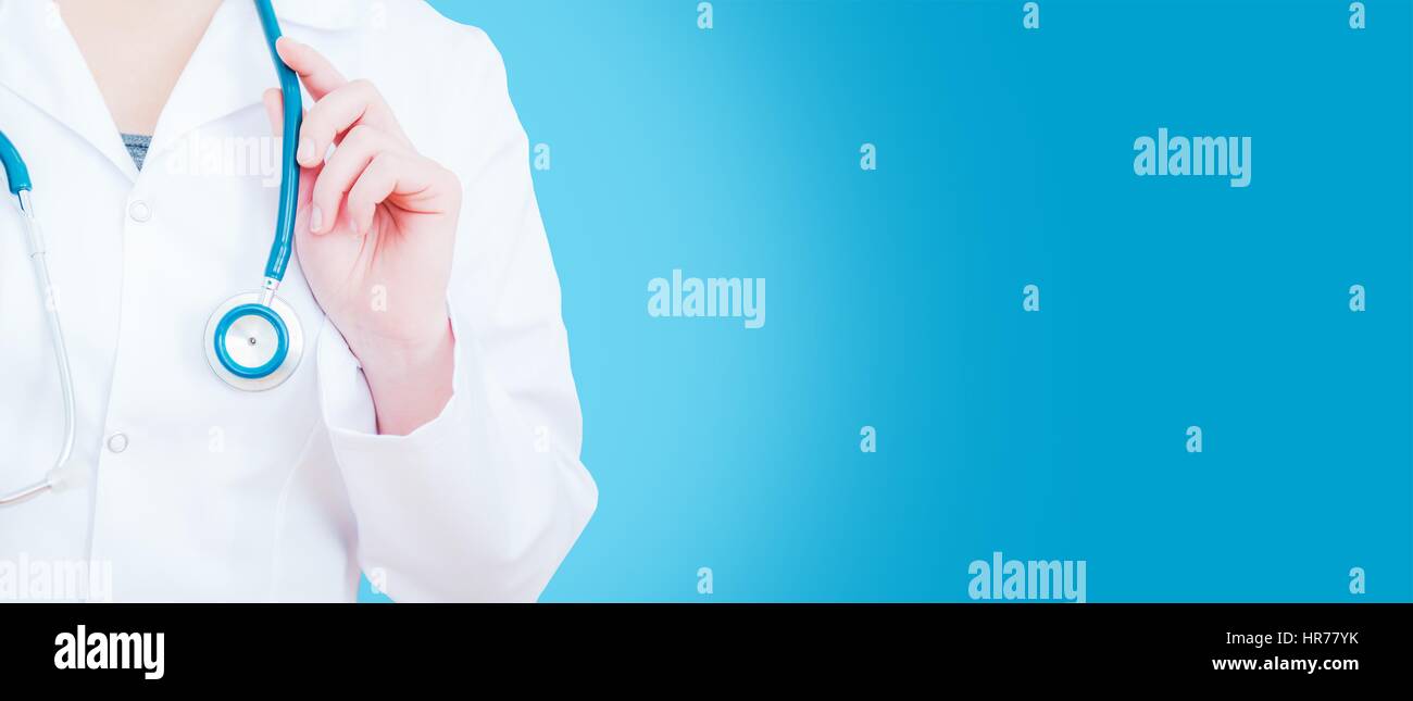 Medical Cleaning Blue Background with Female Doctor. Right Side Copy ...