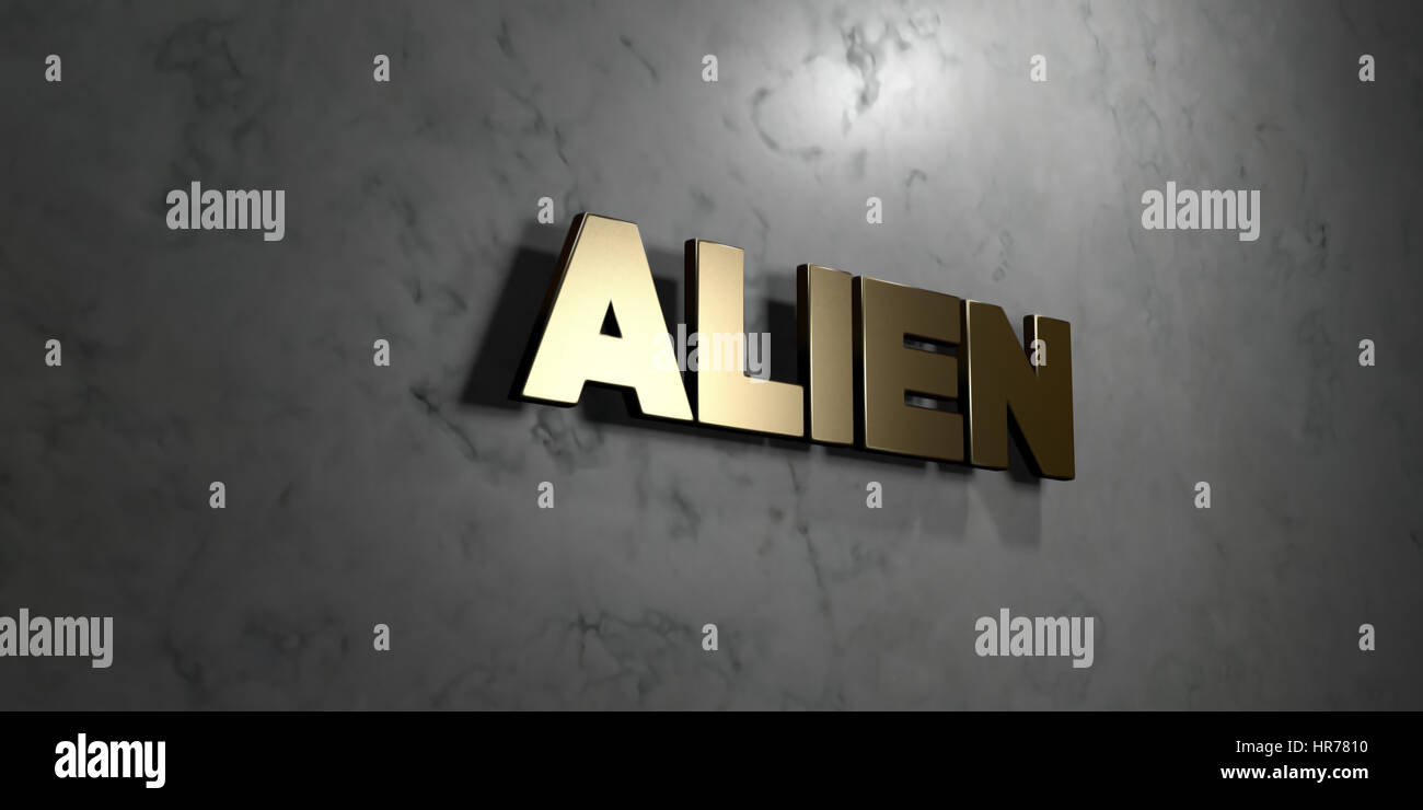 Alien - Gold sign mounted on glossy marble wall - 3D rendered royalty ...