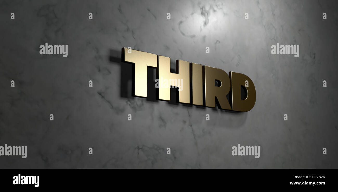 Third - Gold sign mounted on glossy marble wall - 3D rendered royalty ...