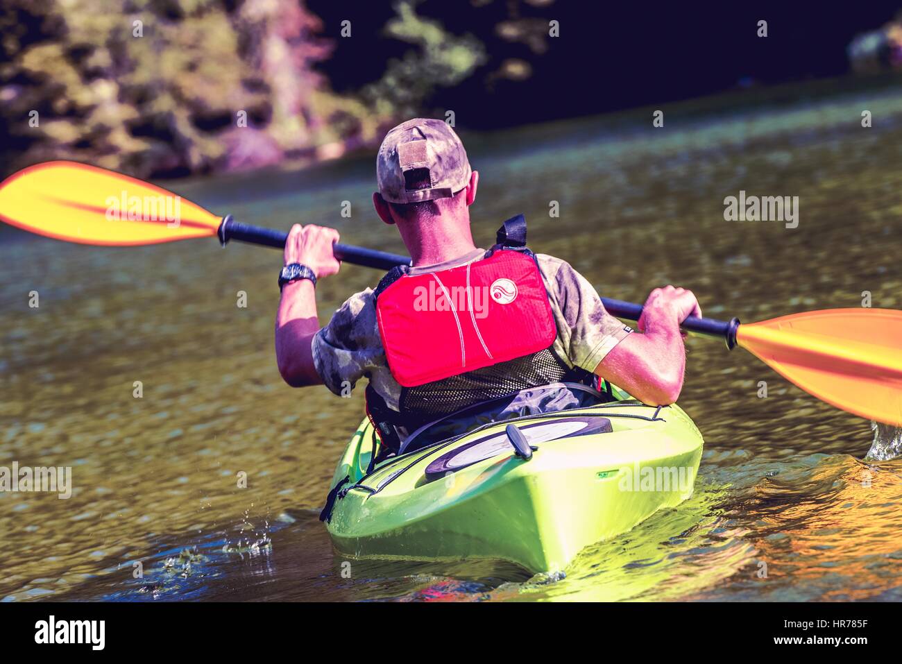 River Kayak Touring. Caucasian Men in the Kayak on the Scenic River ...