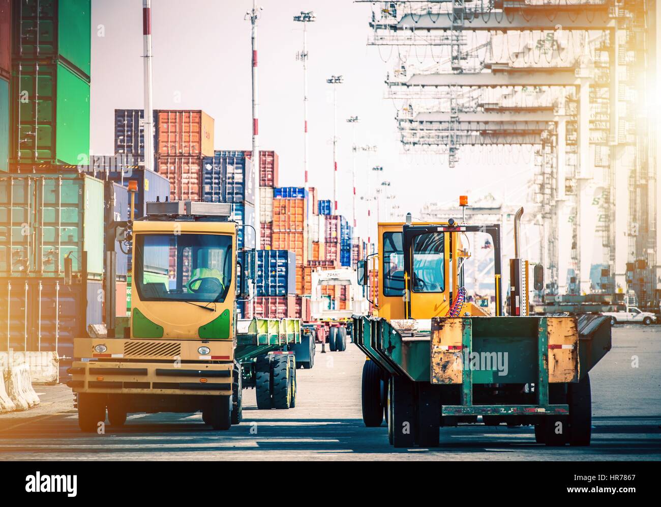 Forklift Tractors in Shipping Cargo Hub. Shipping Containers ...