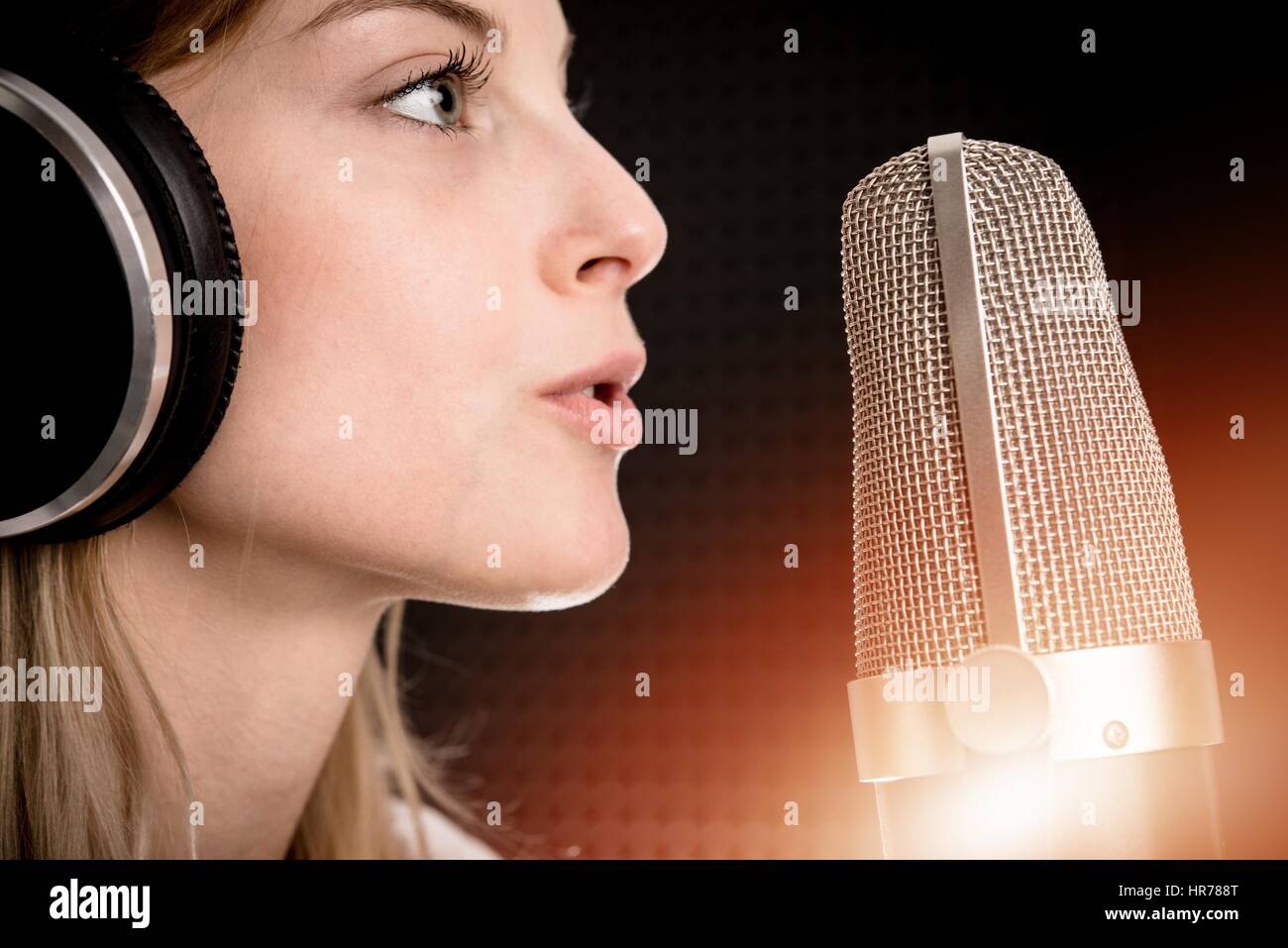 Voice Recording and Radio Concept. Young Caucasian Woman Recording ...