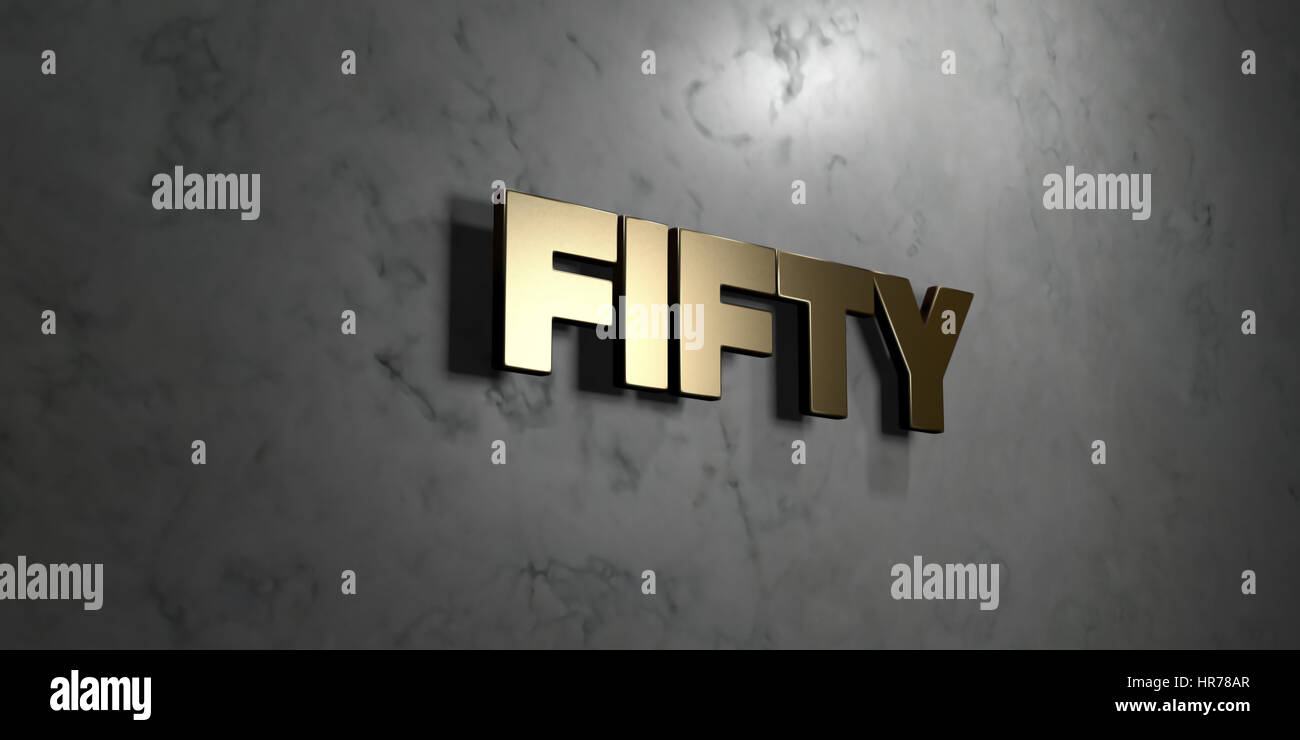 Fifty - Gold sign mounted on glossy marble wall - 3D rendered royalty ...