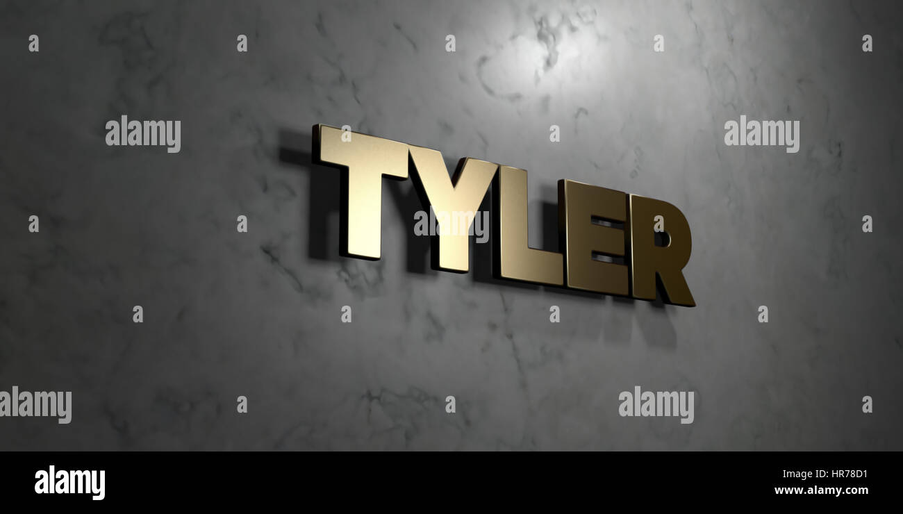 Tyler - Gold sign mounted on glossy marble wall - 3D rendered royalty ...