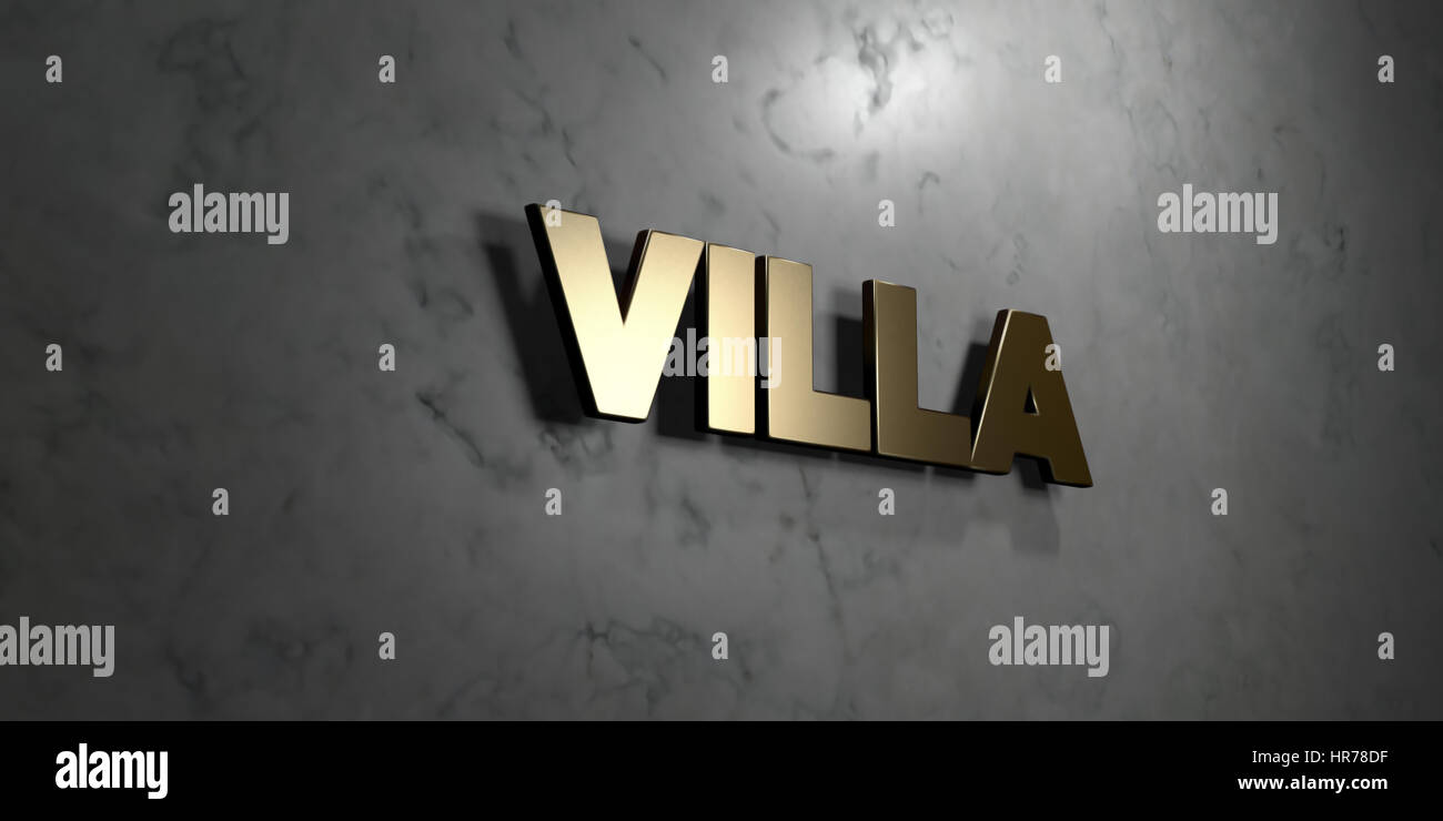 Villa - Gold sign mounted on glossy marble wall - 3D rendered royalty ...