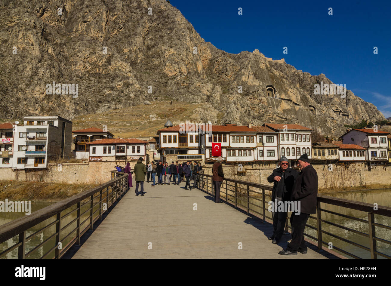 River scene of old traditional Ottoman houses in Amasya, Turkey Stock ...