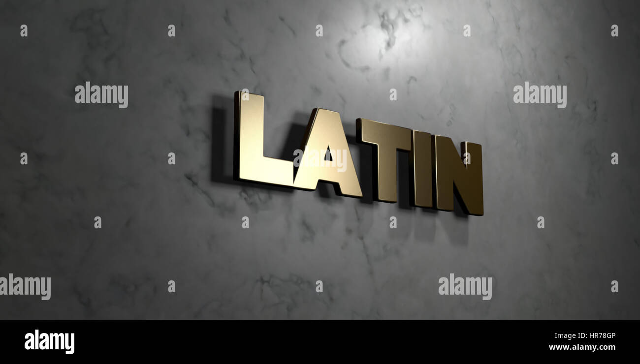 Latin - Gold sign mounted on glossy marble wall - 3D rendered royalty ...