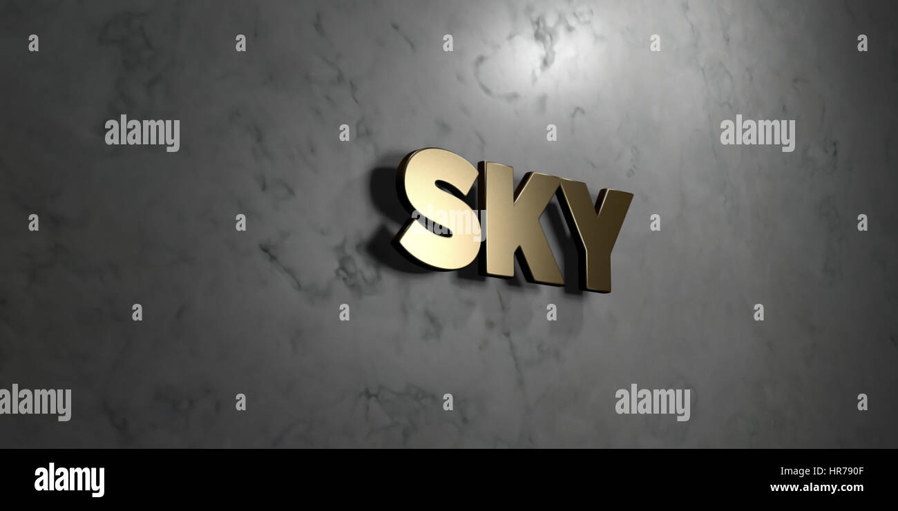 Sky - Gold sign mounted on glossy marble wall - 3D rendered royalty ...
