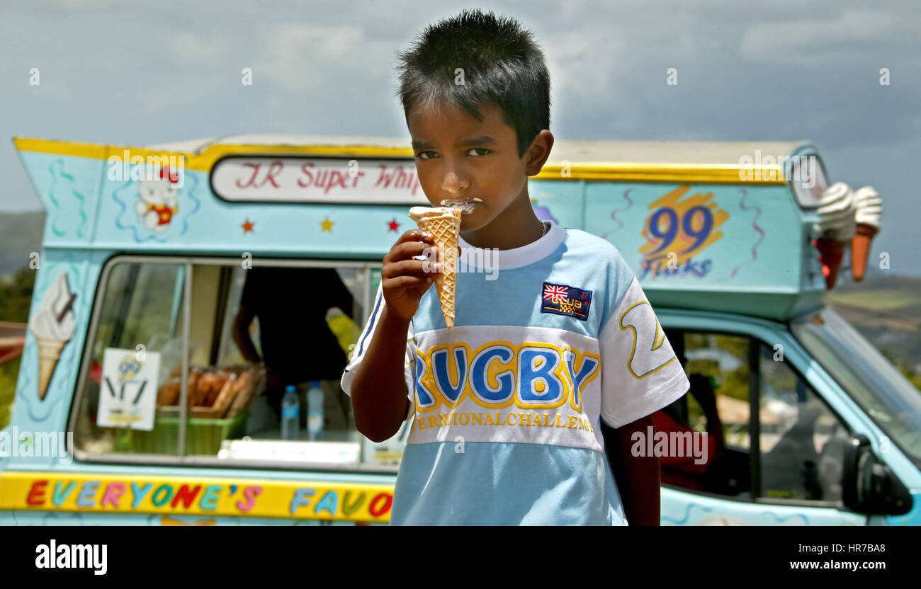 Mauritius, boy in front of an ice-cream parcel, Trou aux Cerfs at ...