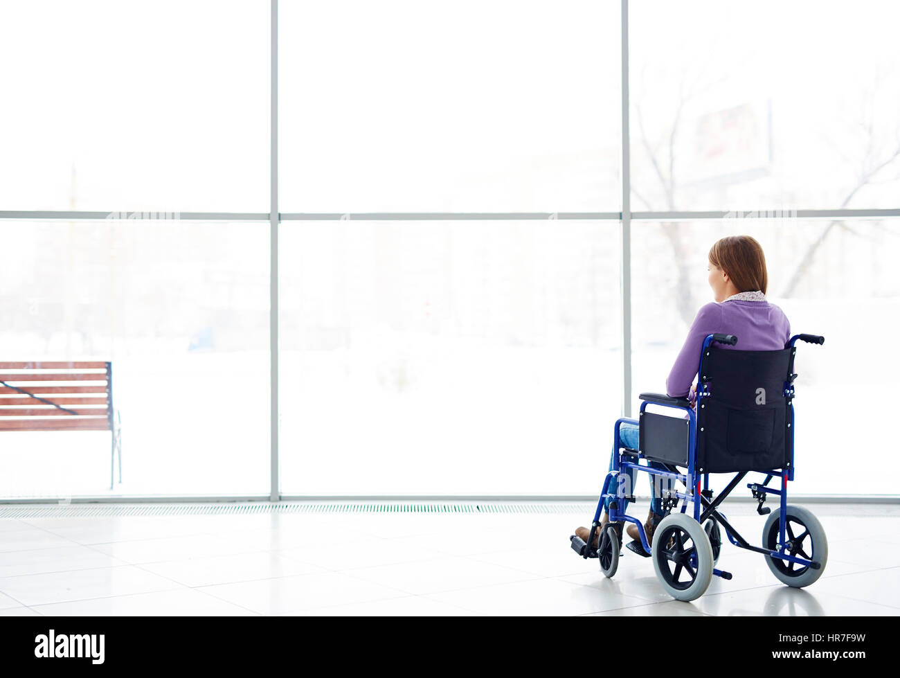 Rear view of handicapped young woman sitting in wheelchair, looking at ...