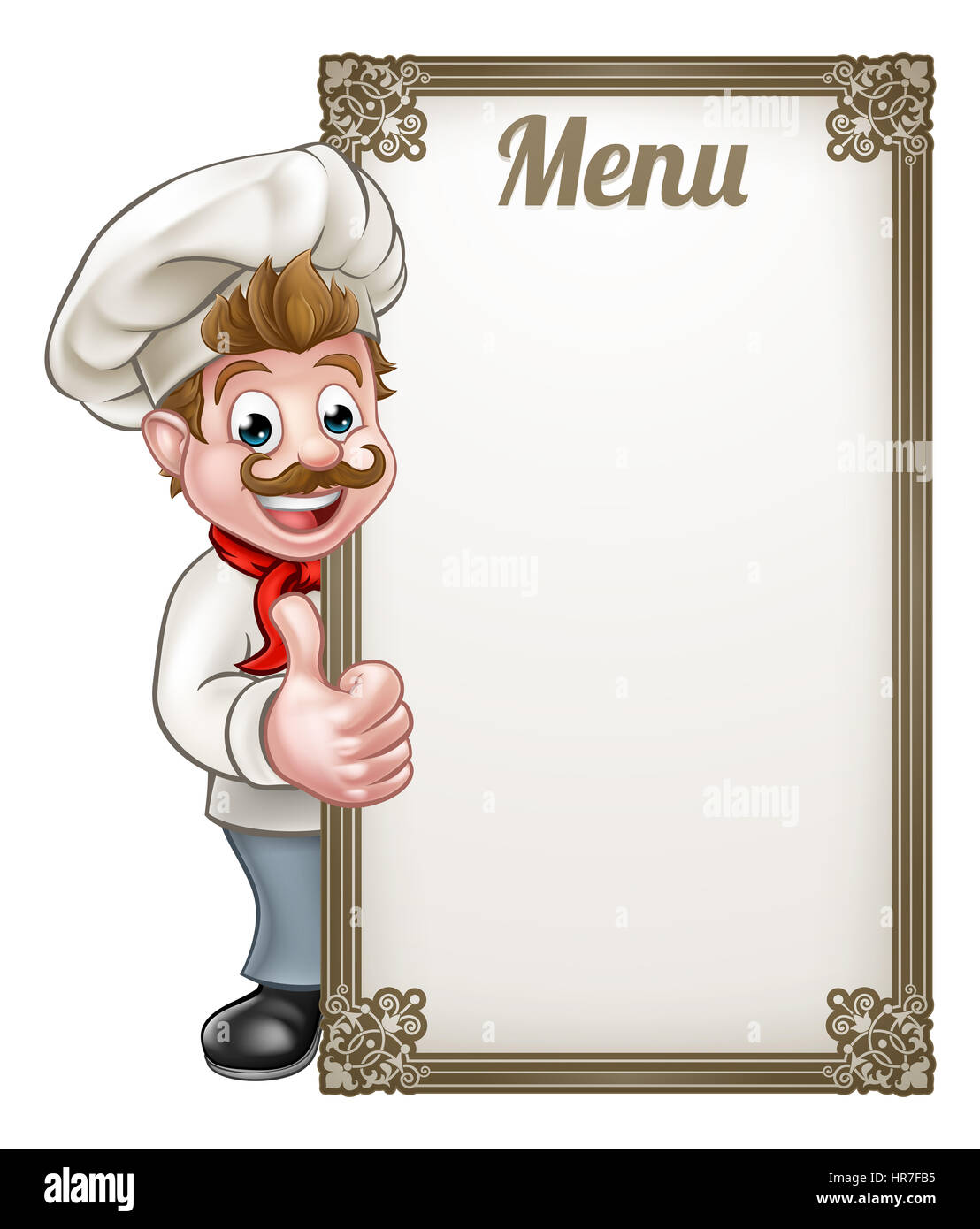 Cartoon chef or baker character giving thumbs up with menu sign board ...