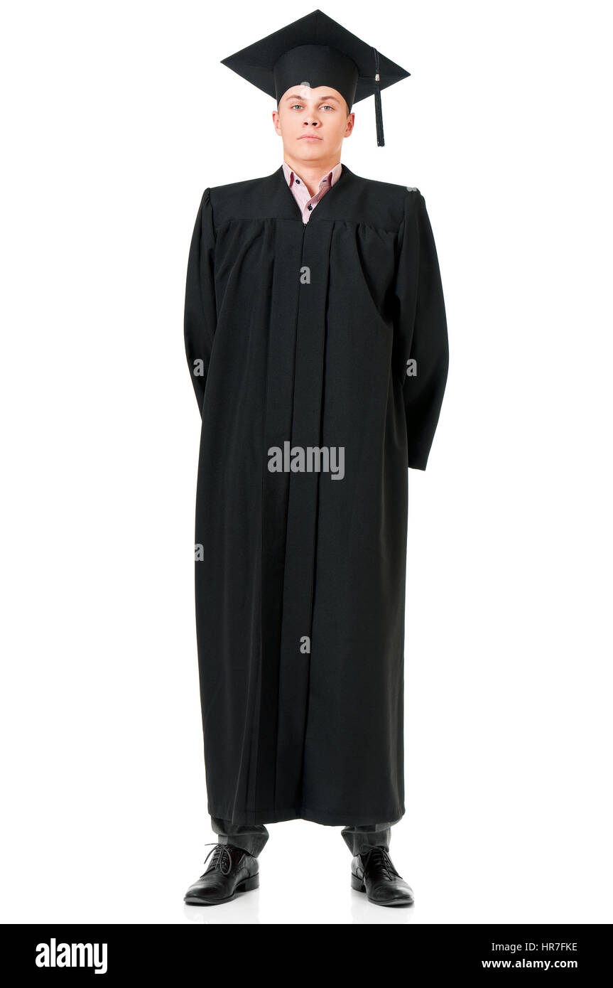 Full length portrait of a young graduation man in mantle isolated on ...