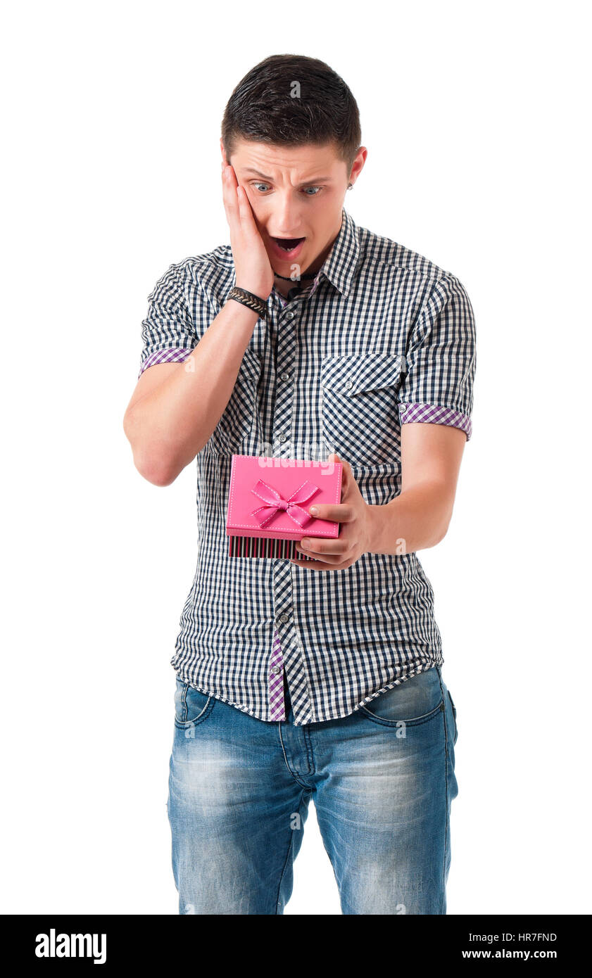 Surprised man opening gift box, isolated on white background Stock ...