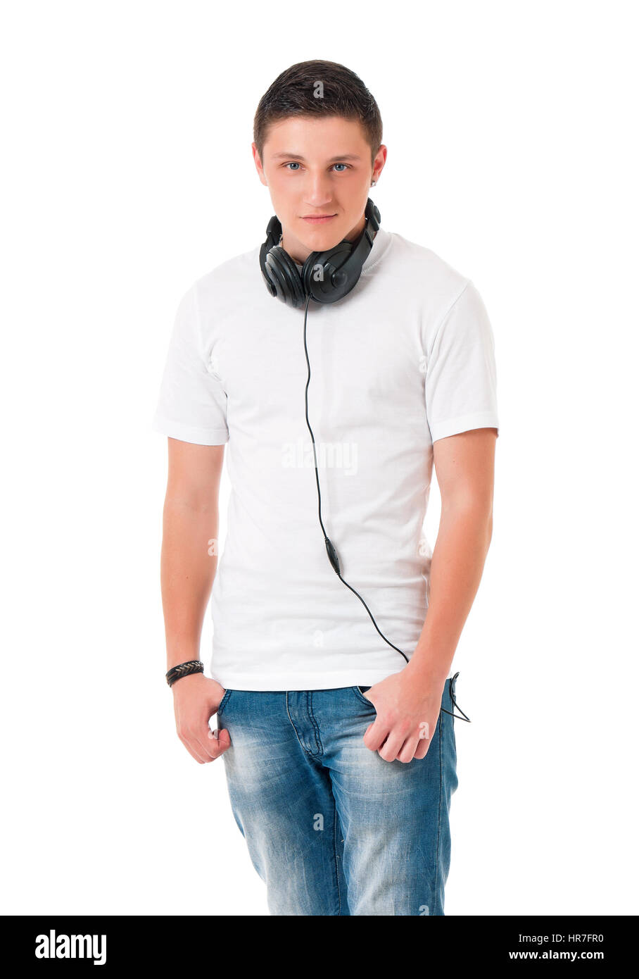 Young modern man with headphones isolated on white background Stock ...