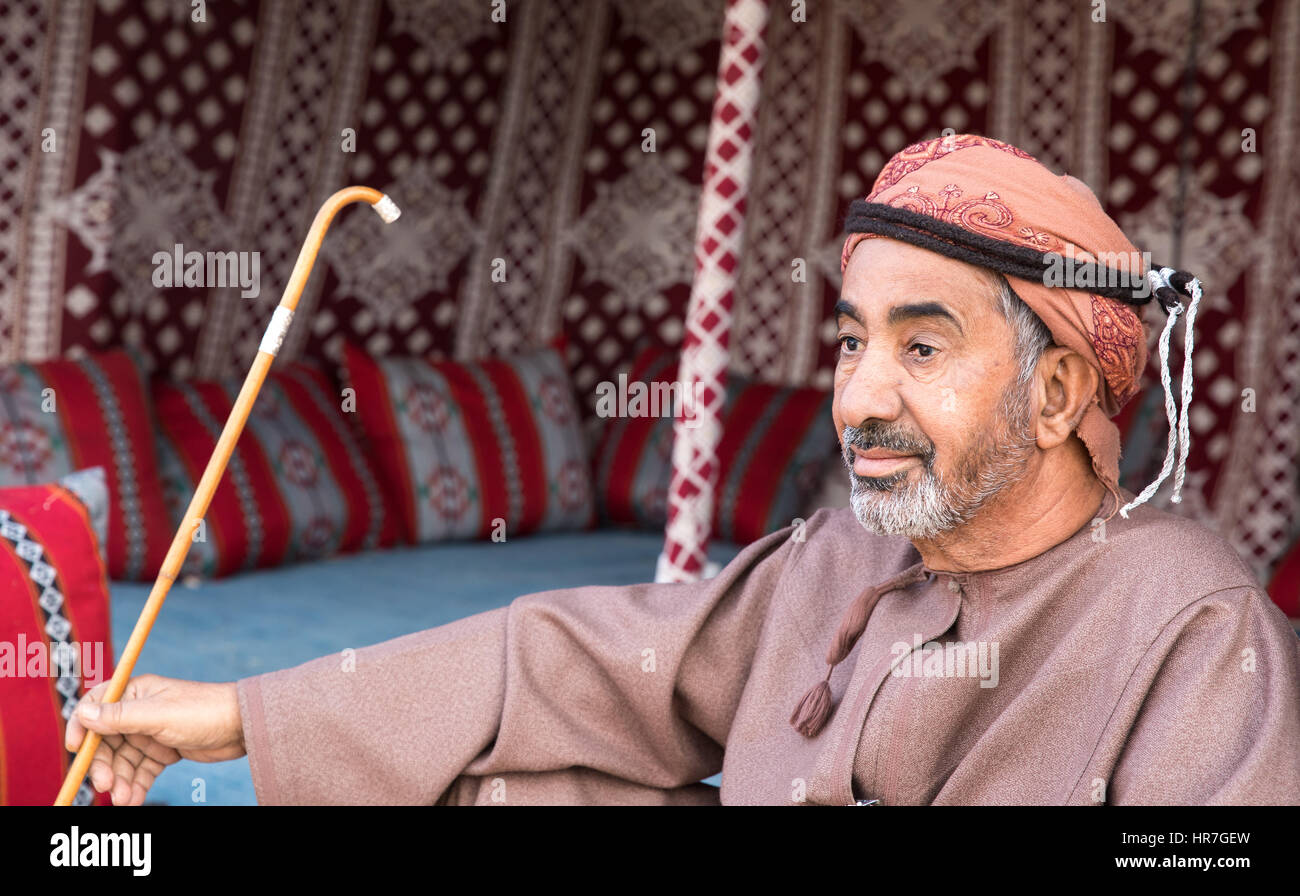 Muscat, Oman - Feb 4, 2017: An old Omani man in a traditional Omani ...