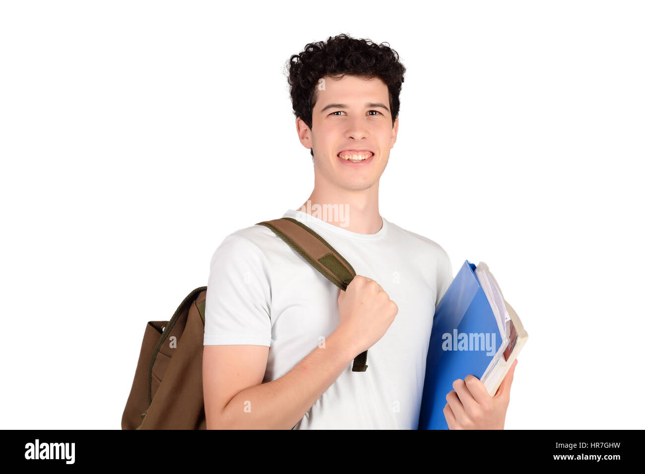 Portrait of young student holding notebook. Isolated white background ...