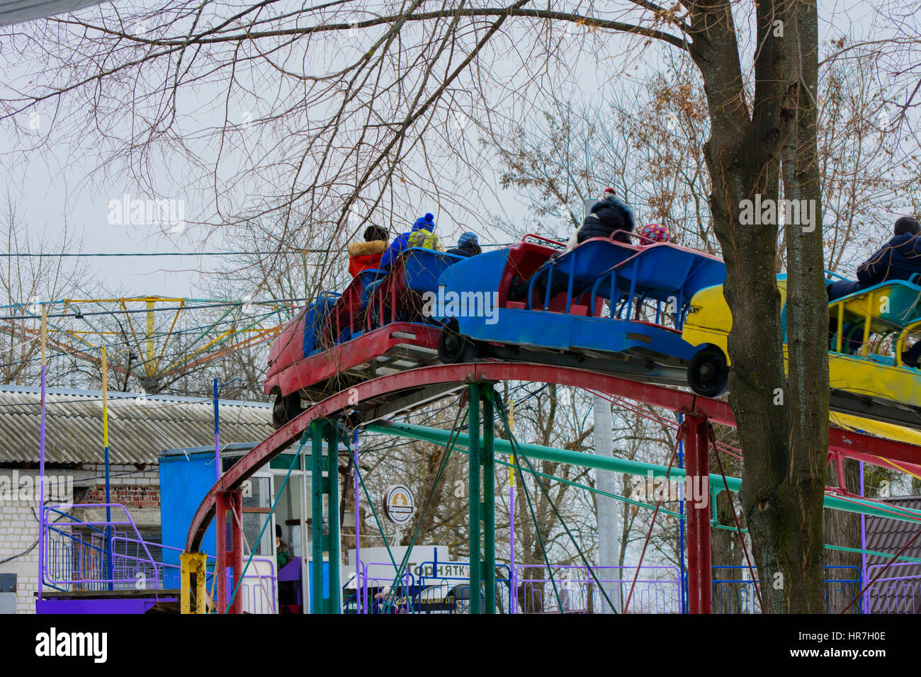 Children's playgrounds and children's rides in the winter on a holiday ...