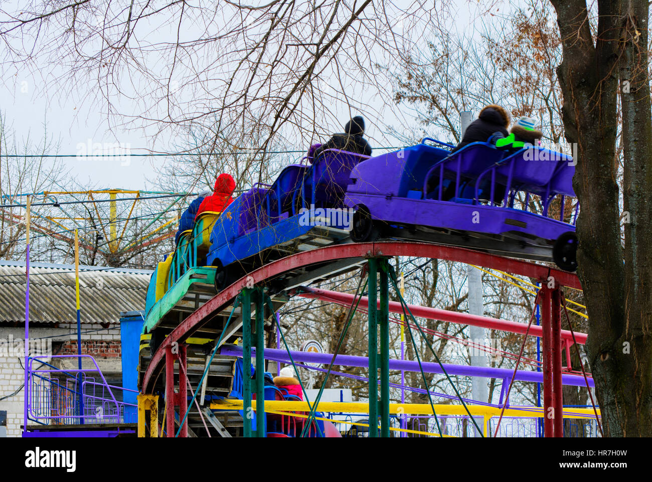 Children's playgrounds and children's rides in the winter on a holiday ...