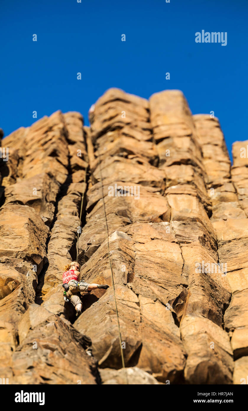 A woman rock climbing on a free standing pillar of basalt at Frenchman ...