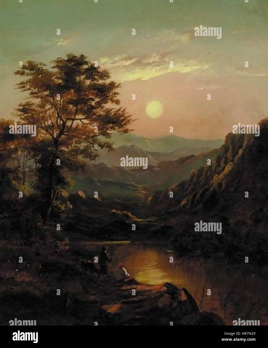 Walter Williams - Anglers in a mountainous river landscape at sunset ...