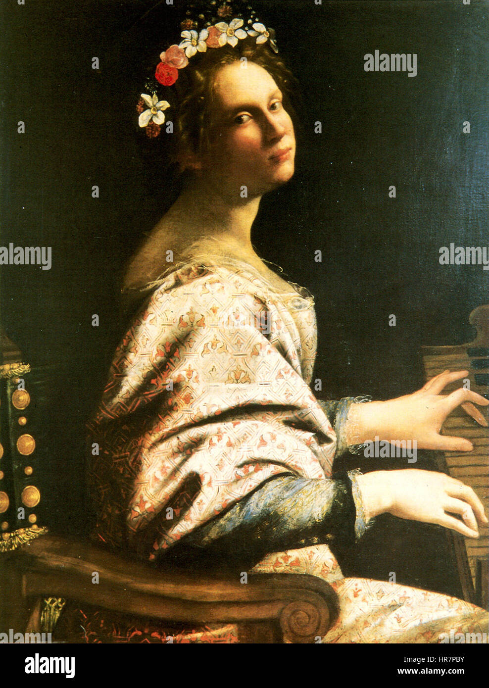 The painting of St. Cecilia depicts the saint with a musical instrument ...