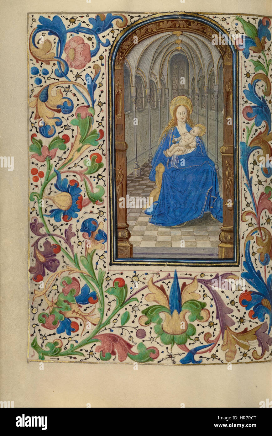 This painting depicts the Virgin and Child enthroned within a church setting, surrounded by ...