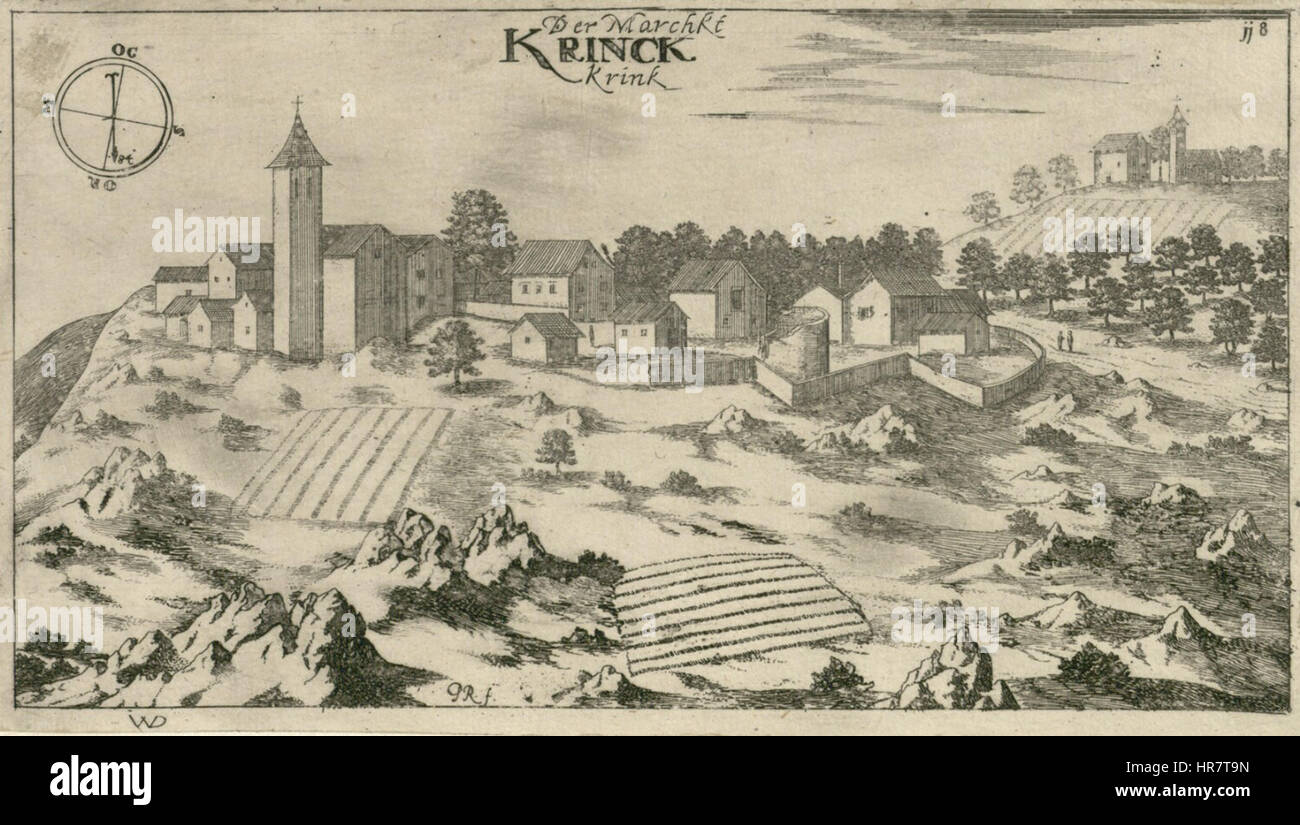 The artwork by Valvasor depicts Kringa, a historical town in Istria ...