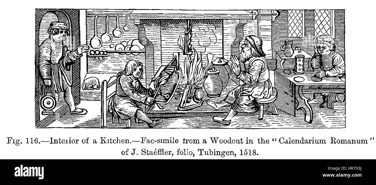 The woodcut illustration of a kitchen showcases early European domestic ...