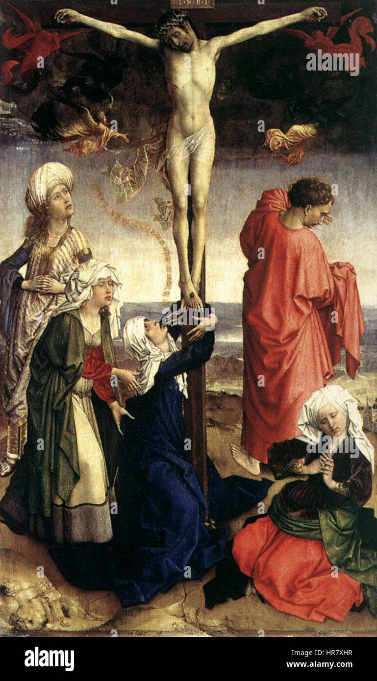 The 'Crucifixion' by Rogier van der Weyden depicts the dramatic scene of Christ's crucifixion ...