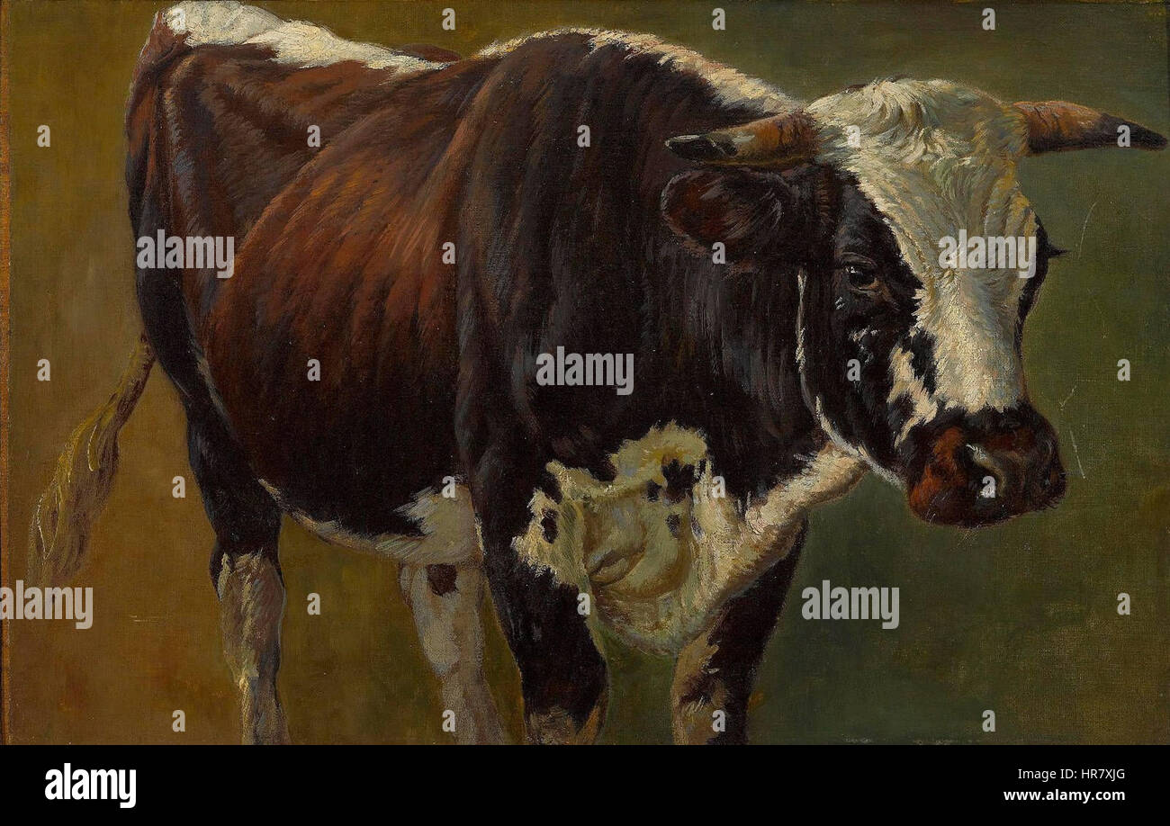 This artwork by Wilhelm Frey depicts a majestic bull (stier) in a ...