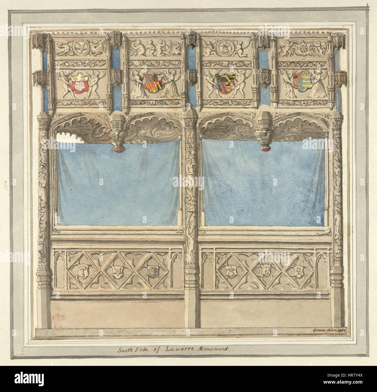 Samuel Hieronymus Grimm's 'De La Warr Monument' is a detailed depiction ...