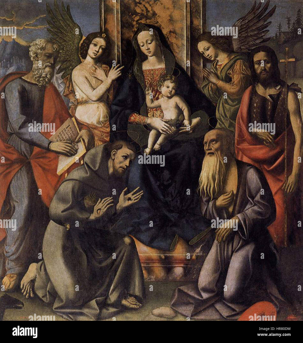 This religious painting depicts the Virgin Mary with the infant Christ ...
