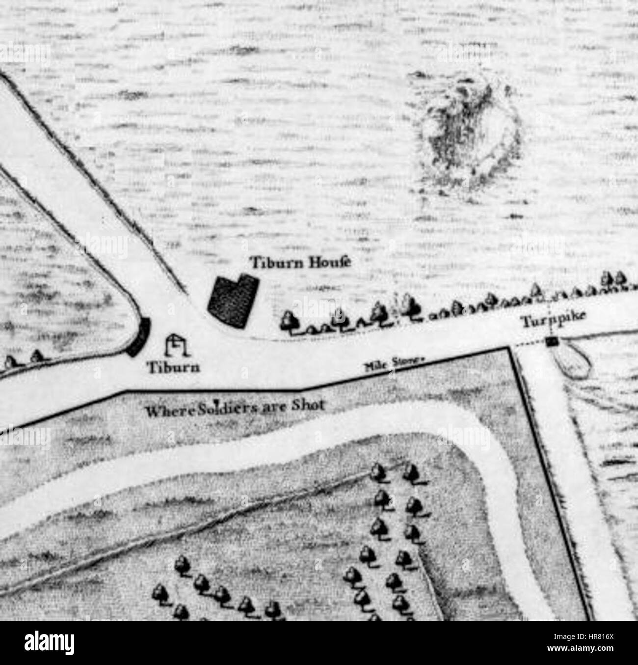 This historical print depicts Tyburn, a site in London known for its ...
