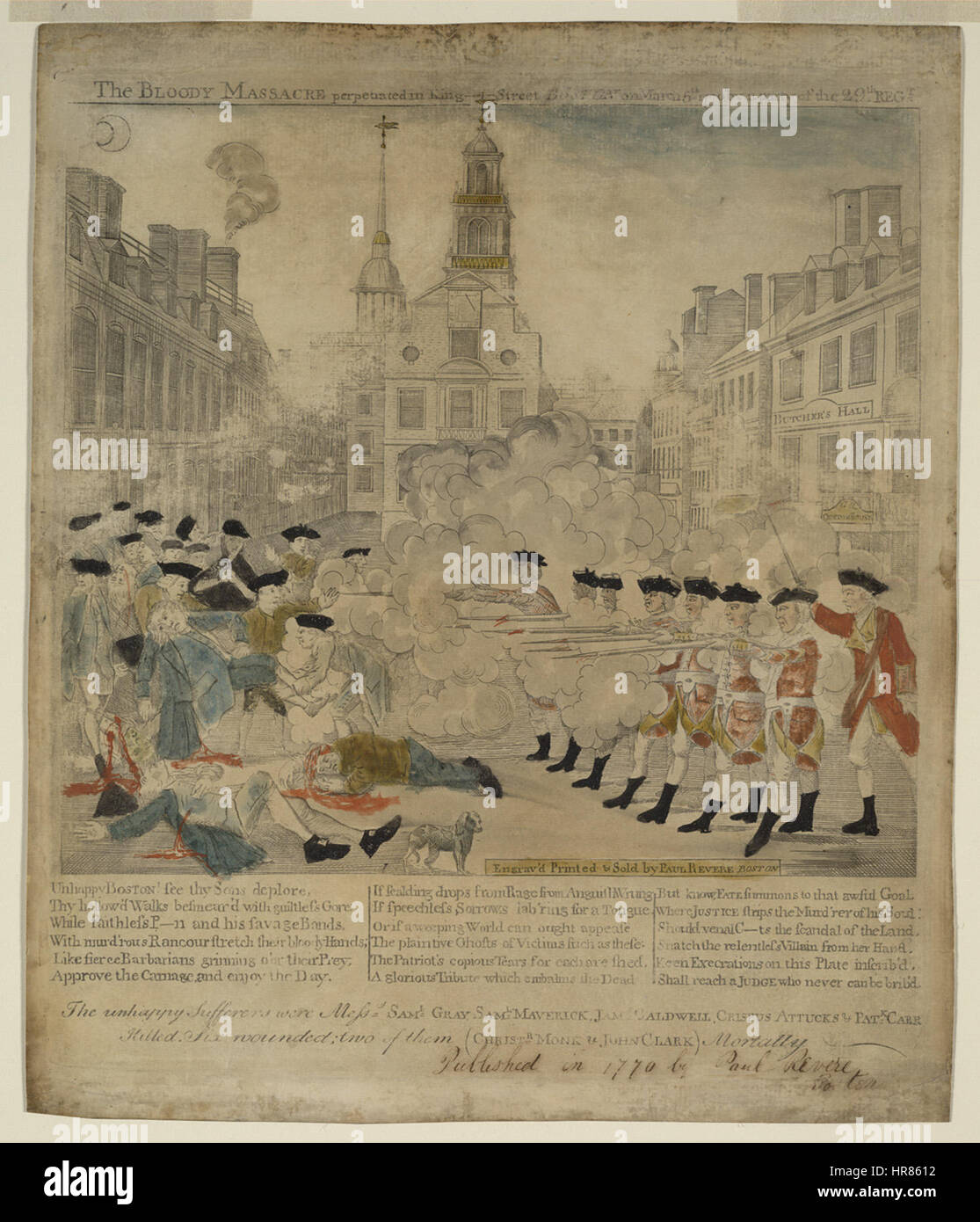 This engraving depicts the tragic event of the Boston Massacre, where ...