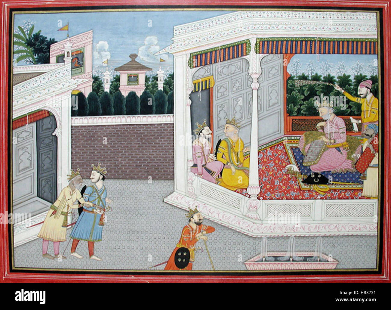 This artwork depicts the Hindu king Ugrasena, a key figure in the Mahabharata, holding court and ...