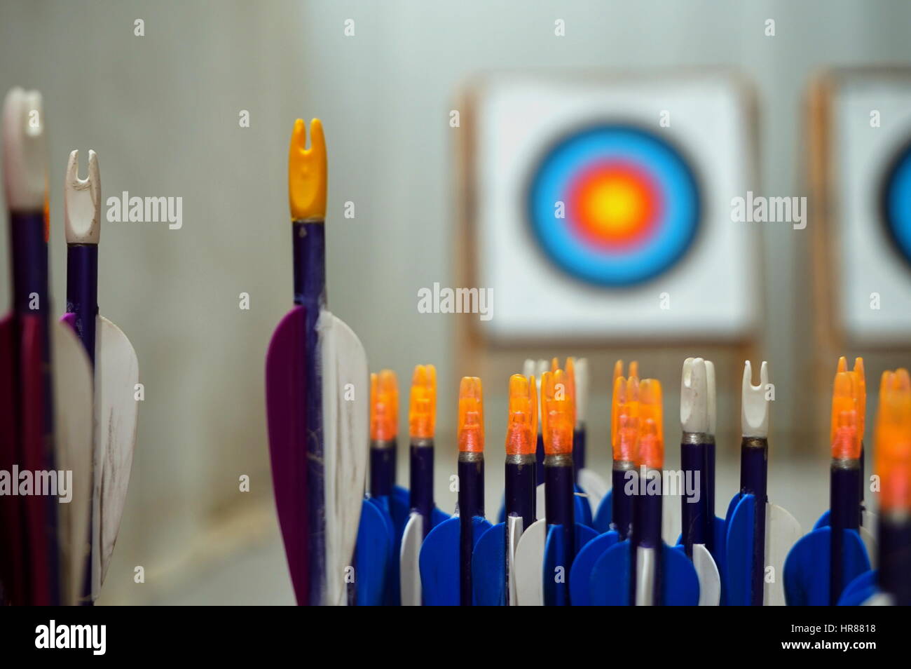 Archery arrows with targets in out of focus background Stock Photo - Alamy