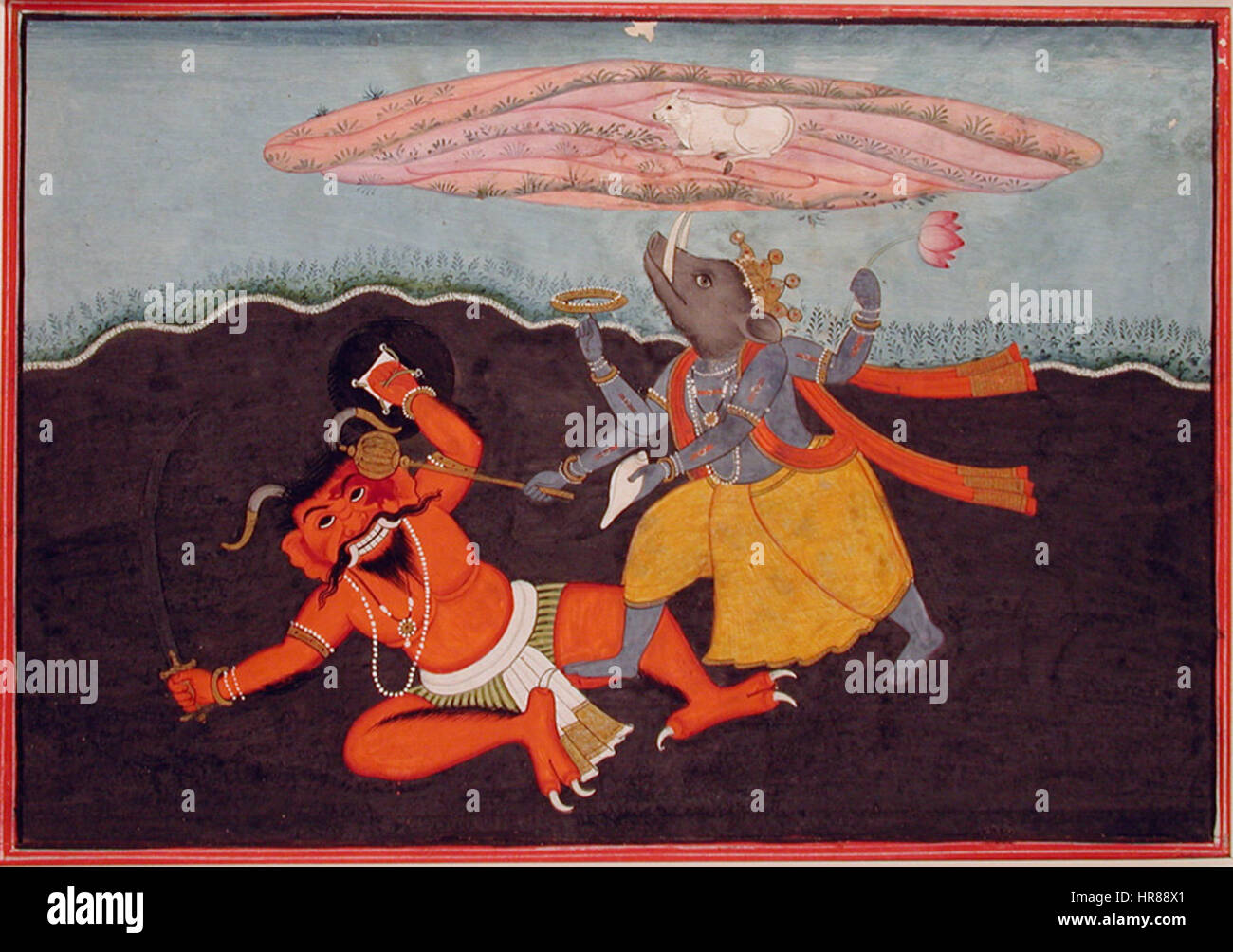 This artwork depicts the Hindu mythological scene where the boar god ...