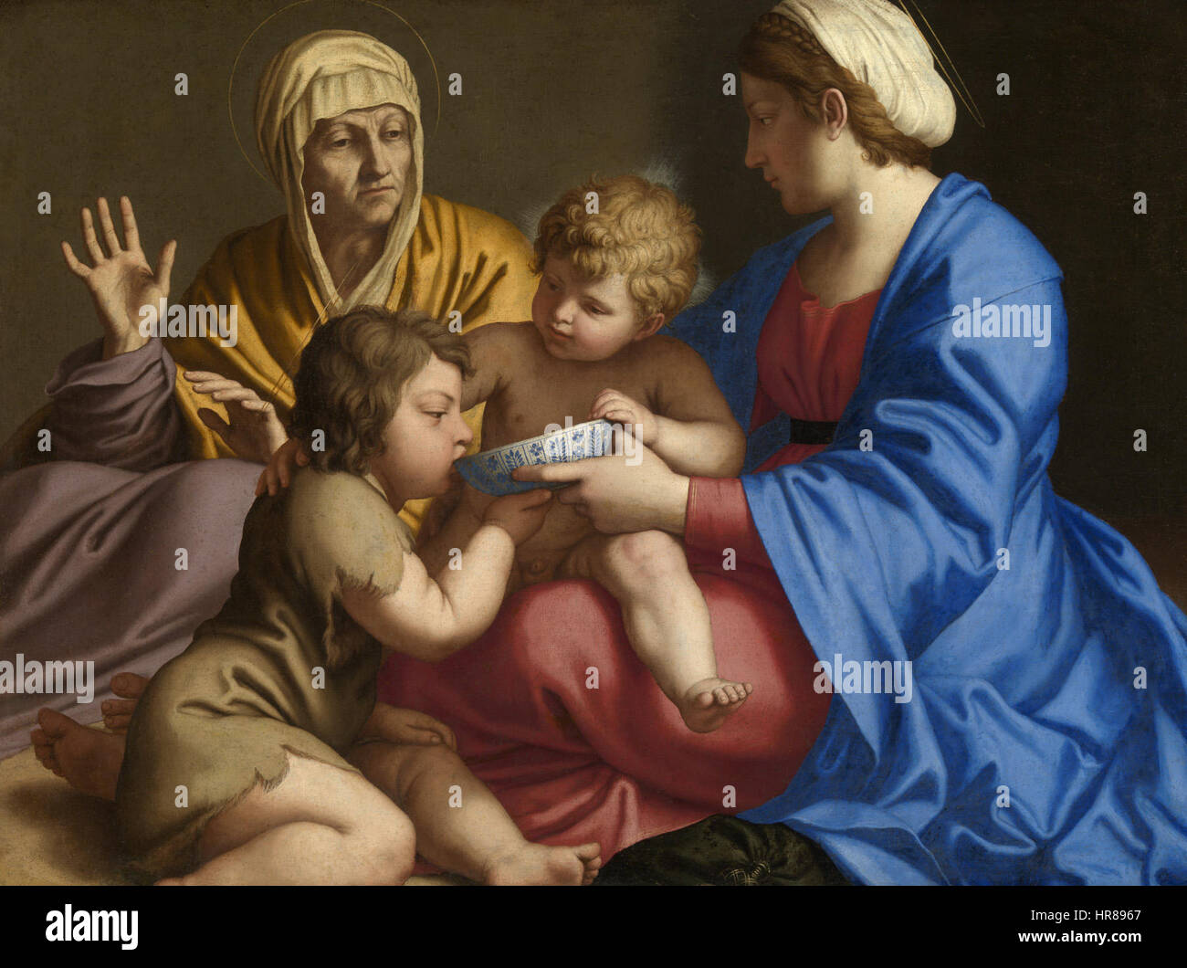 This religious painting depicts the Virgin Mary and Child Jesus with Saint Elizabeth and the ...