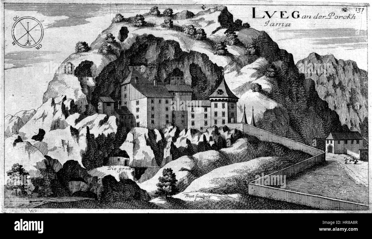 Valvasor's depiction of Predjamski grad, also known as the Predjama ...