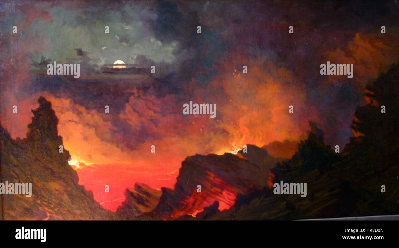 This piece depicts the Kilauea volcano under moonlight, possibly ...