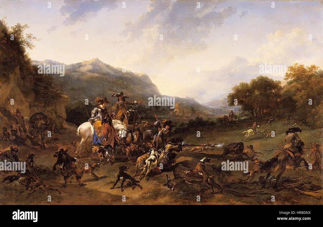 'Wild Boar Hunt' is a depiction of a hunting scene, showing the chase ...