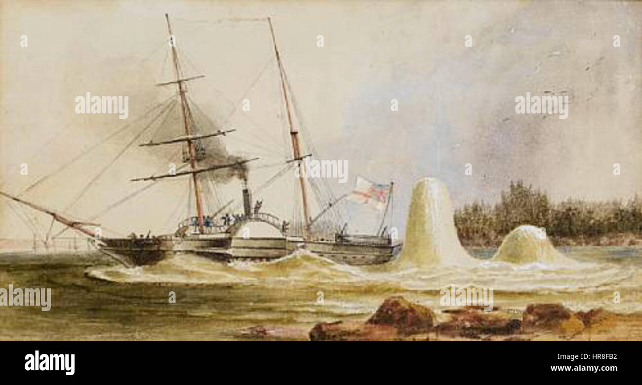 The survey vessel H.M.S. Merlin narrowly escaping destruction by two ...
