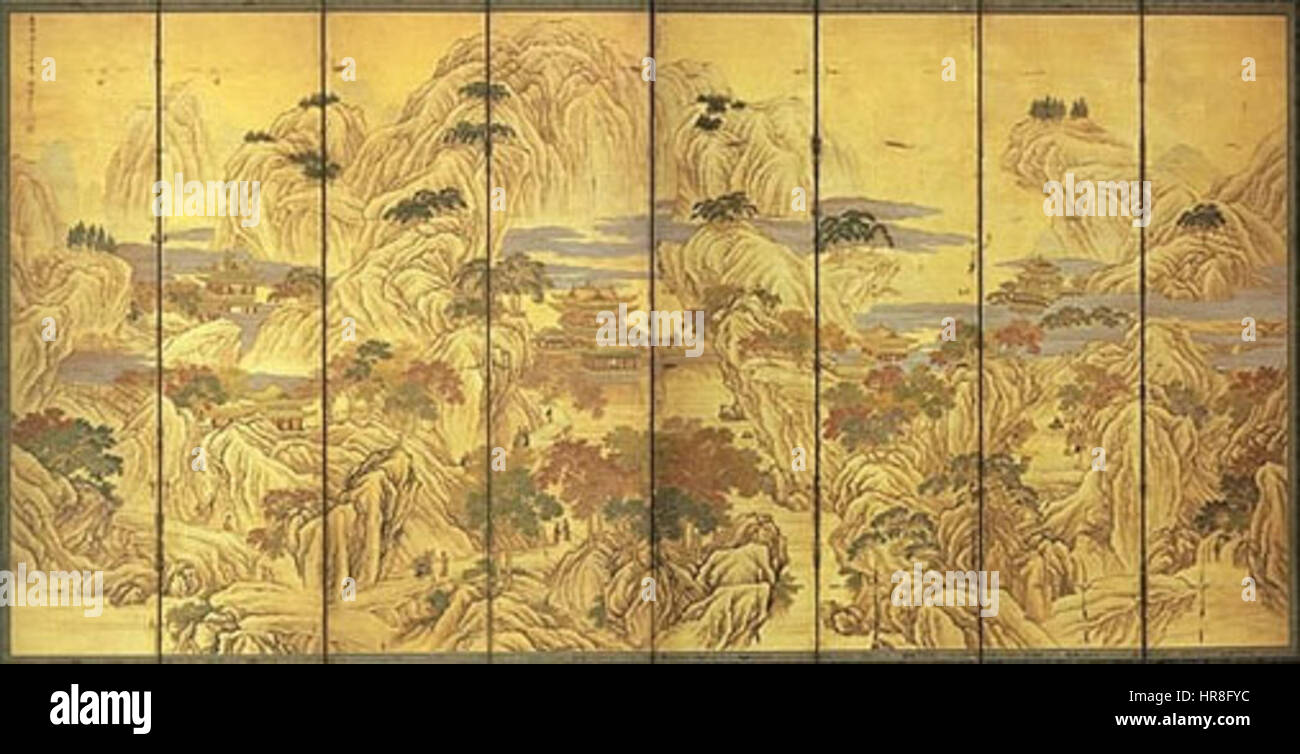 Wang Yun, Landscape with Pavilion, Chinese folding screen Stock Photo ...