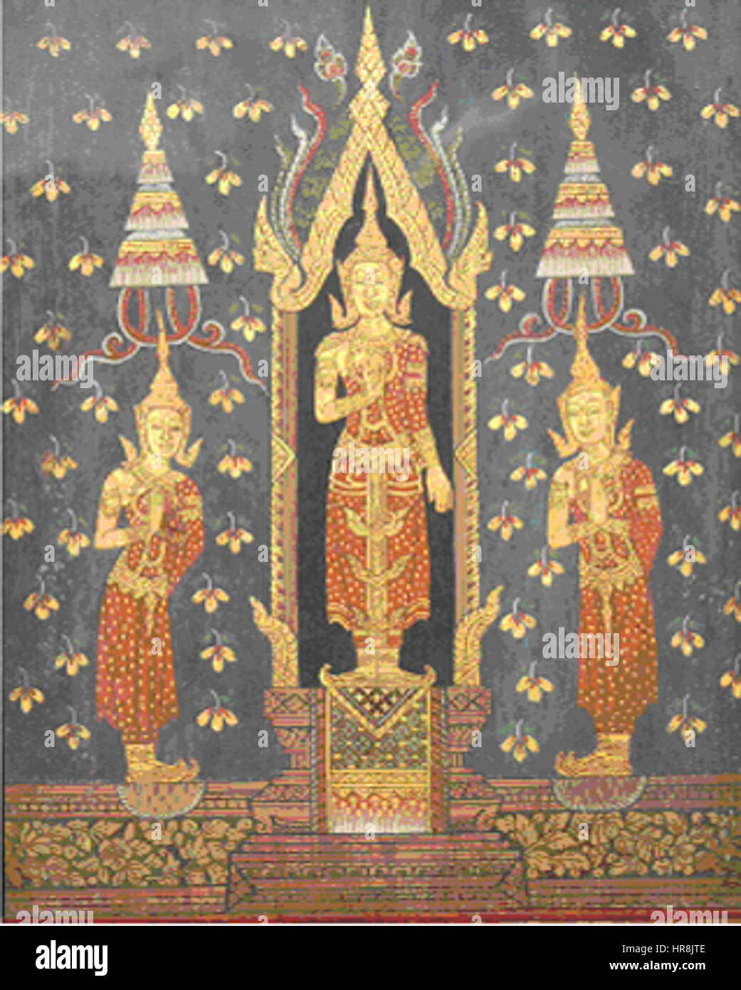 The Thai artwork 'Buddha and Two Disciples' portrays a serene scene ...