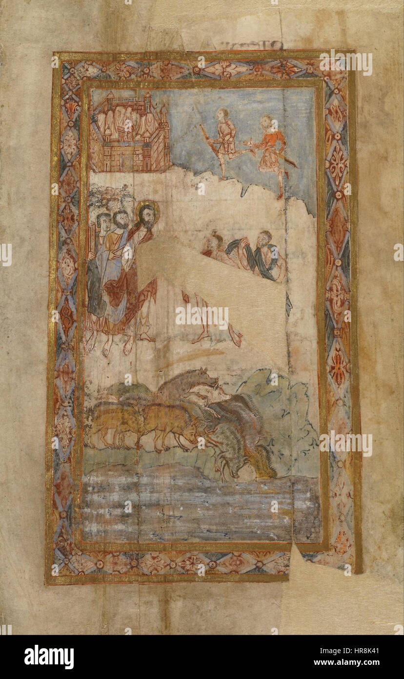This artwork depicts the biblical story of the Gadarene swine, where ...