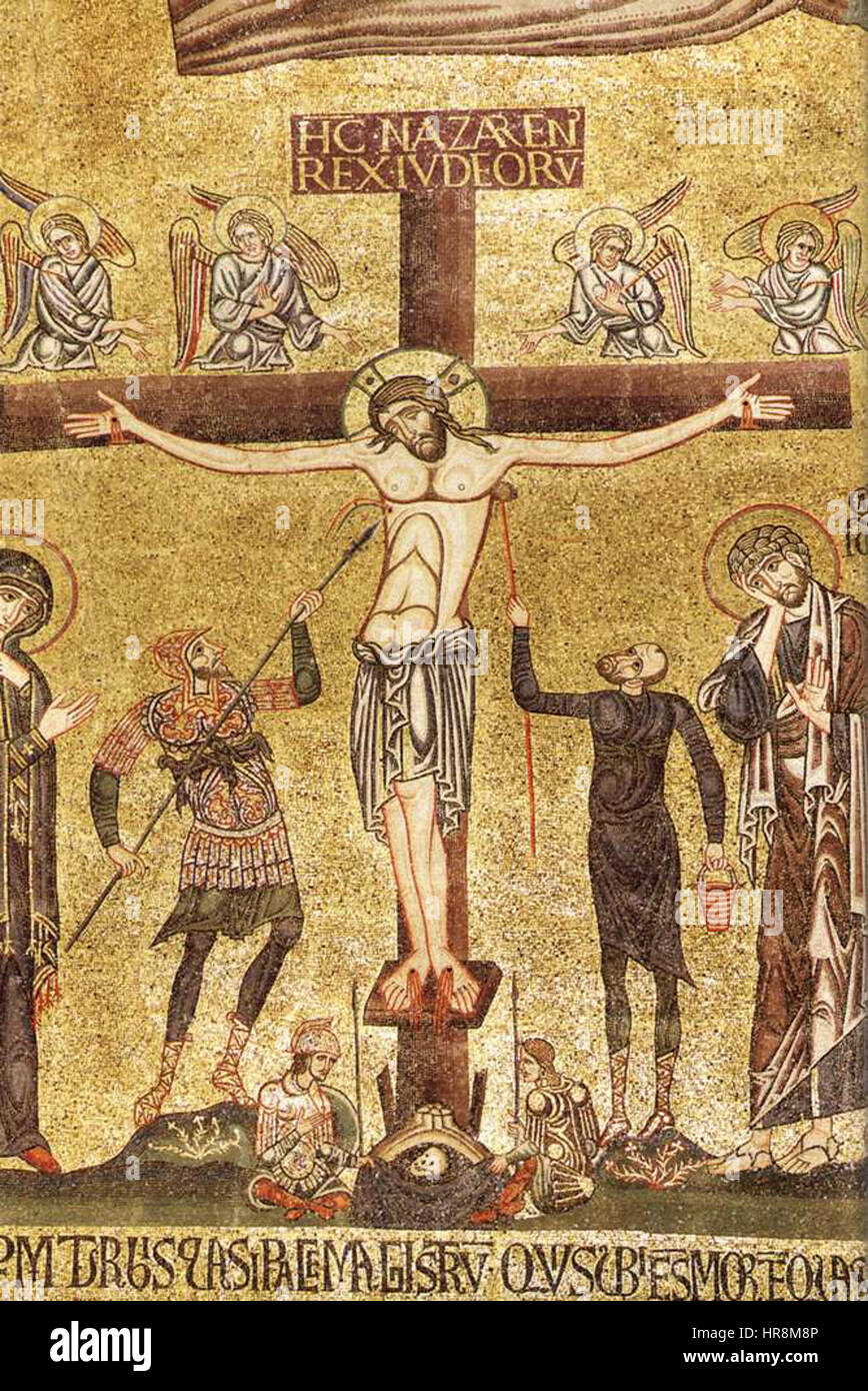 The 'Crucifixion' painting by an unknown artist depicts the central ...